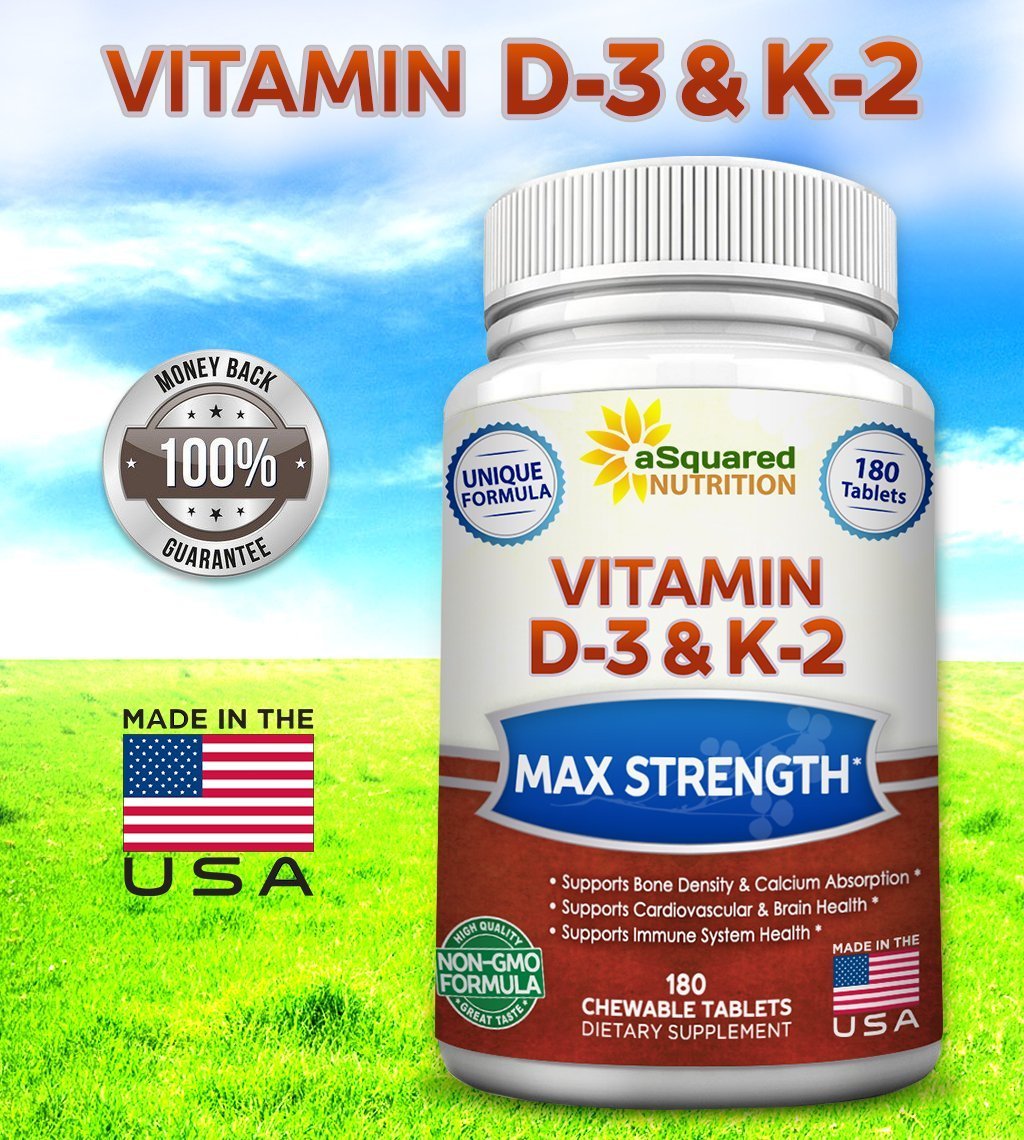 Vitamin D3 with K2 Supplement - 180 Chewable Tablets, Max Strength D-3 ...